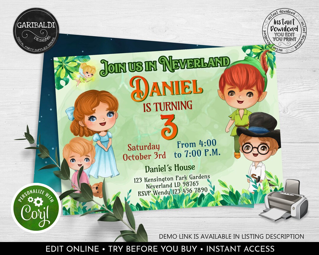 Peter Pan Invitation Self Editable Peter Pan Birthday Party Invitation ...