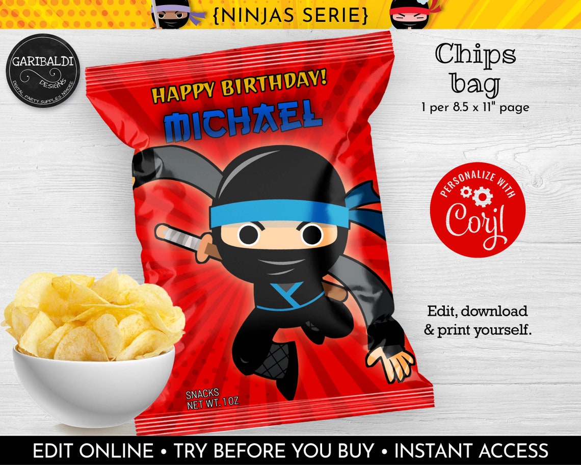 Editable Chip Bag Template Ninja Chip Bags Wrapper Instant - Etsy
