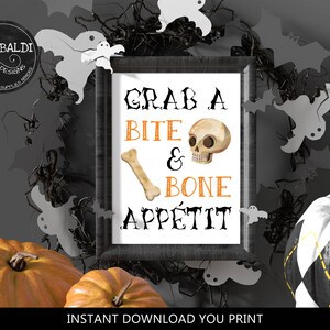 Printable Grab a Bite & Bone Appétit Sign, Digital Halloween Wall Art ...