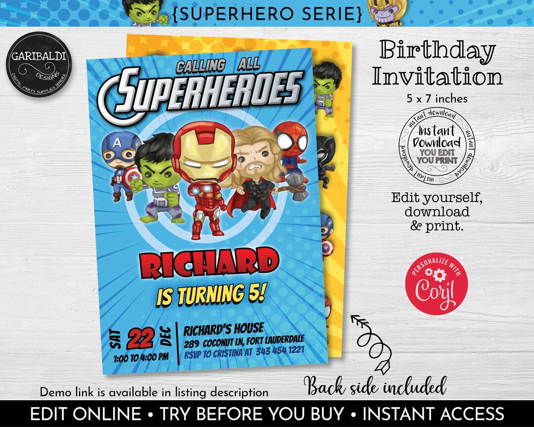 Editable Superhero Invitation, Instant Download Superhero Birthday ...