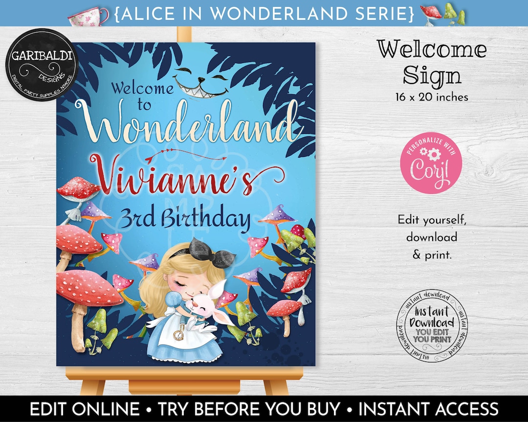 Editable Alice in Wonderland Welcome Sign Instant Download Alice in ...
