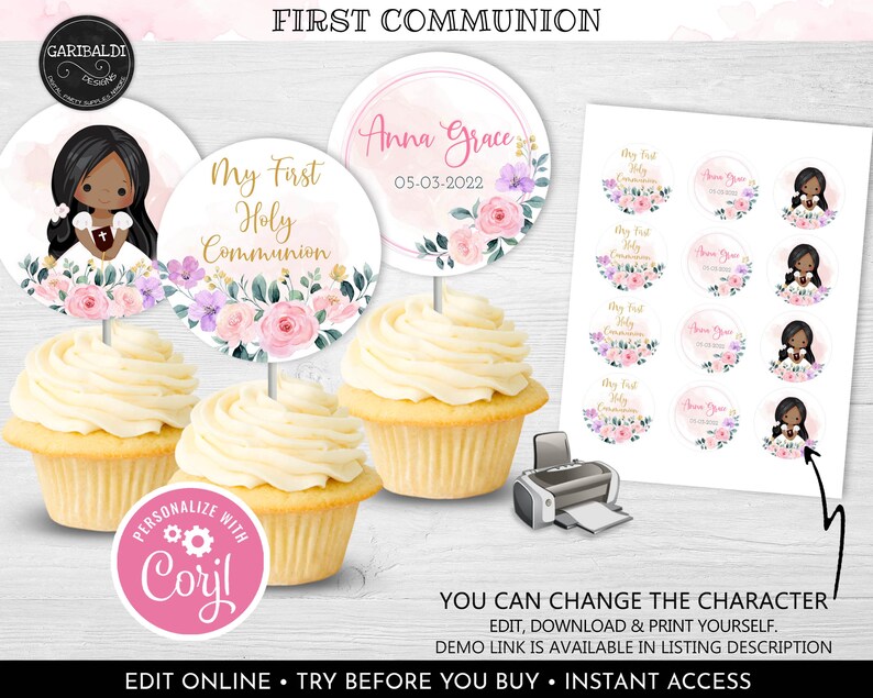 First Communion Cupcake Toppers Editable First Communion Table ...