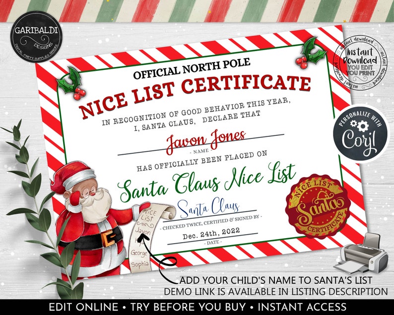 Editable Santa Claus Official Nice List Certificate - Etsy