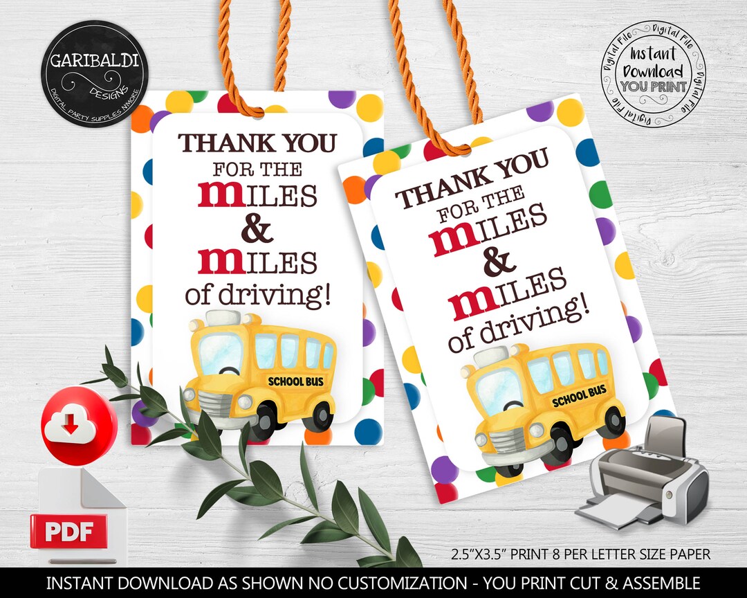 Instant Download Bus Driver Thank You Tags Printable School Bus Tags ...