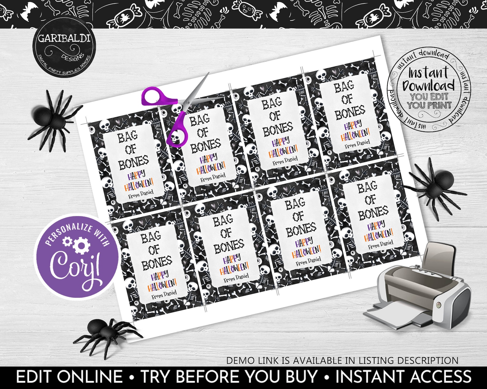 Editable Halloween Gift Tag Skeleton Bag of Bones Gift Tag Halloween ...