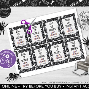 Editable Halloween Gift Tag Skeleton Bag of Bones Gift Tag Halloween ...