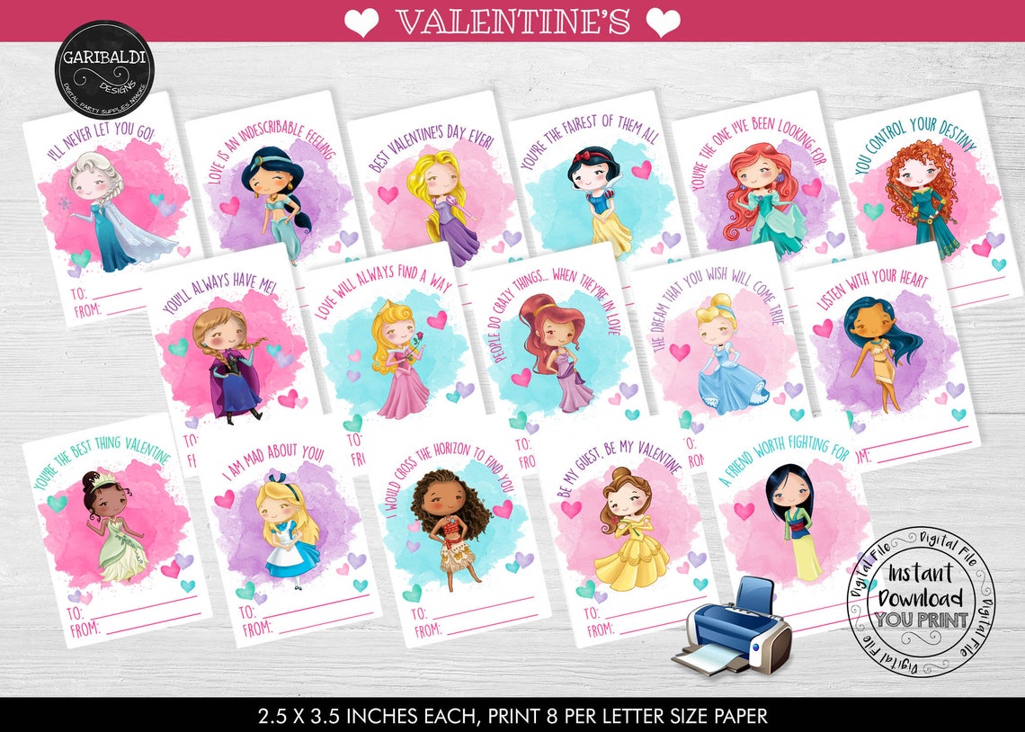 Printable Princess Valentine Cards Kids Valentine Cards School ...