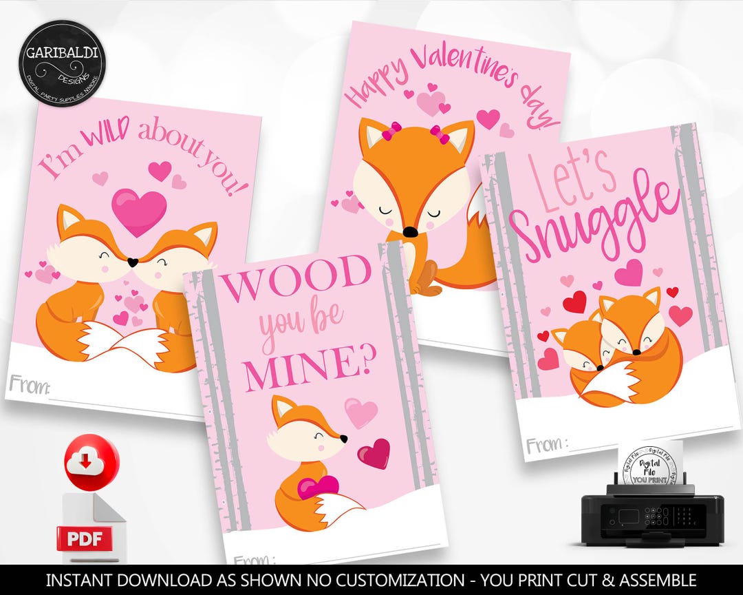 Printable Fox Valentine Cards, Cute Fox Woodland Valentine Cards ...