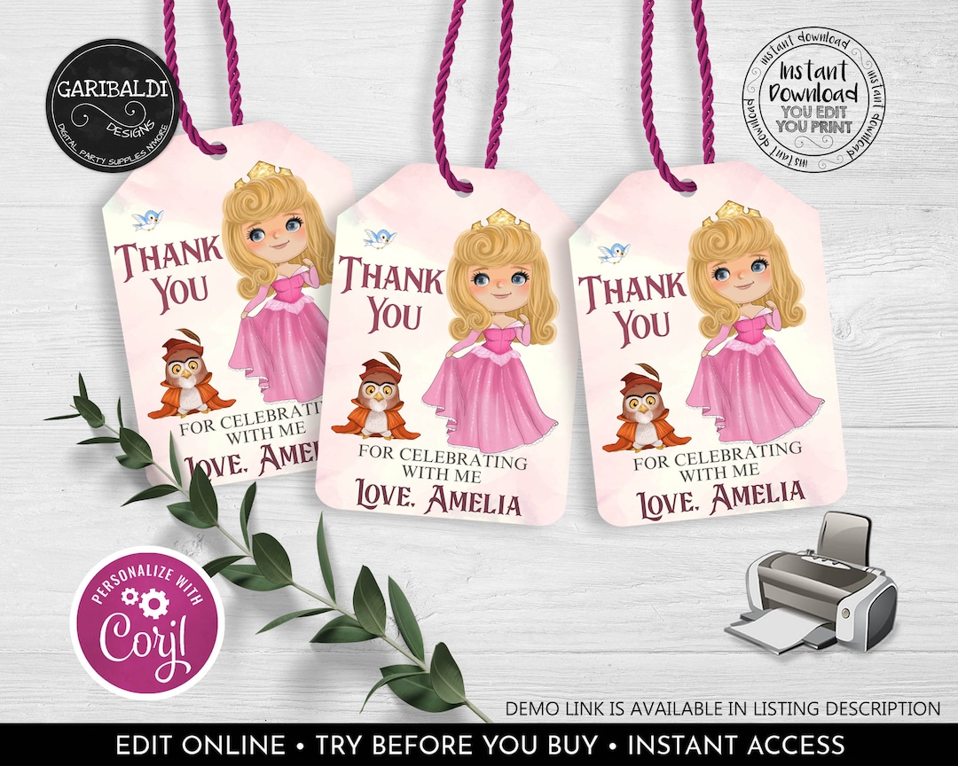 Editable Sleeping Beauty Favor Tags Printable Pink Princess Gift Tags ...