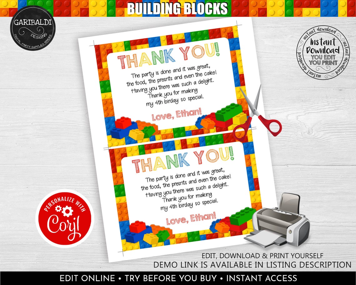 Editable Building Blocks Thank You Card, Instant Download Birthday ...