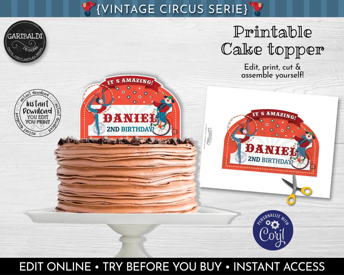 Editable Circus Cake Topper Printable Circus Cake Topper Vintage Circus ...