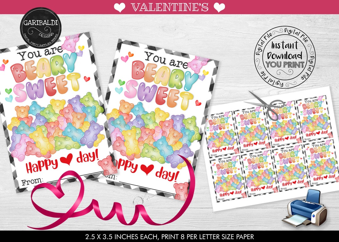 Printable Gummy Bears Valentine's day Cards, School Valentine's day Tag ...