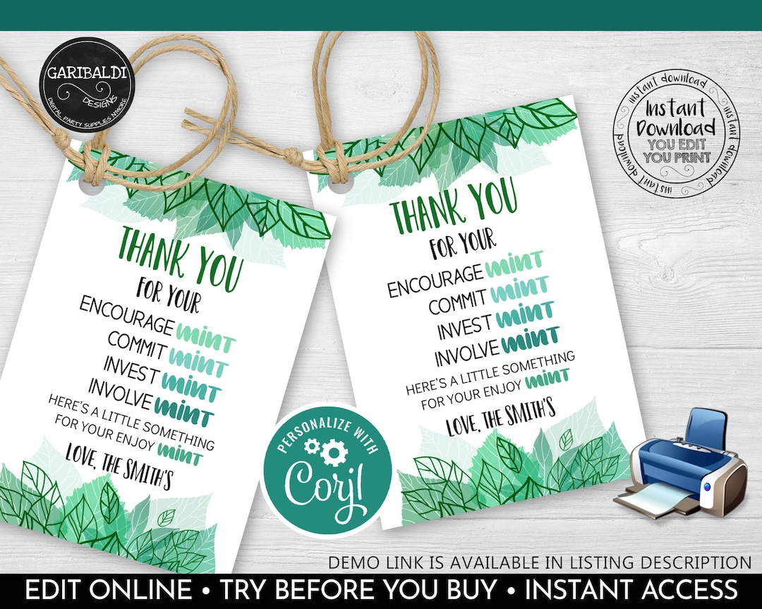 Editable Mint Thank You Tags, Printable Mint Tags, Volunteer Staff ...