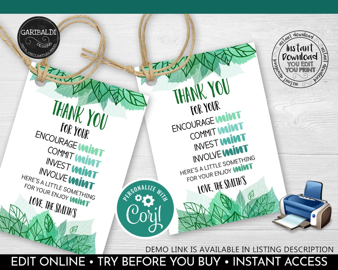 Editable Mint Thank You Tags Printable Mint Tags Volunteer - Etsy