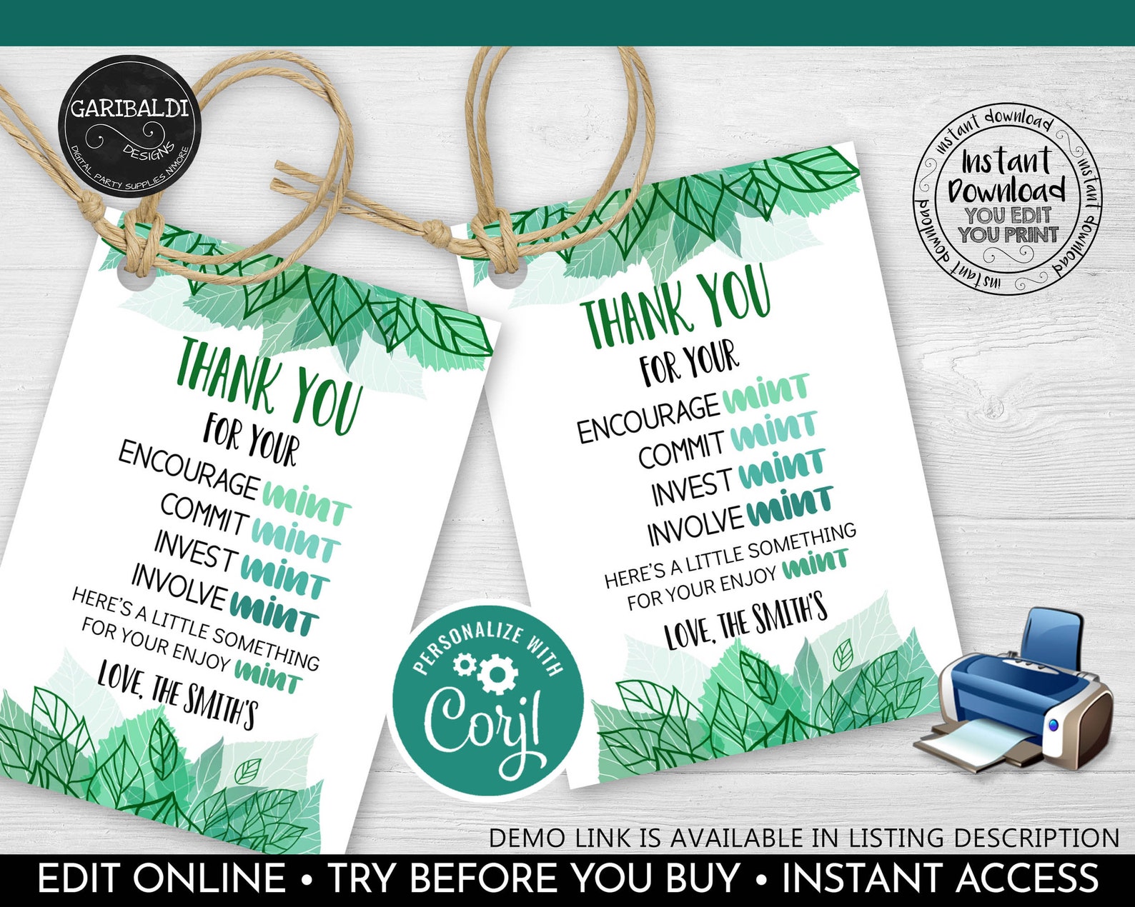 Editable Mint Thank You Tags Printable Mint Tags Volunteer - Etsy