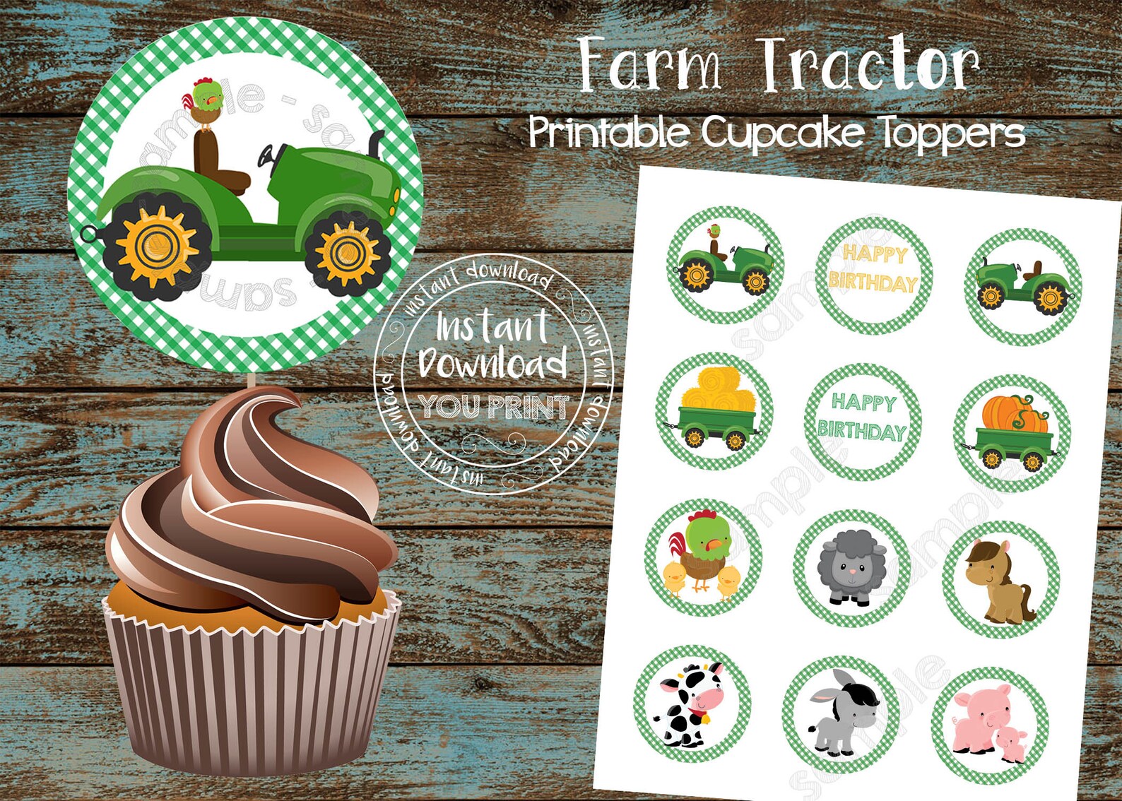 Farm Tractor Cupcake Toppers Farm Party Supplies Farm Cake Topper Farm ...