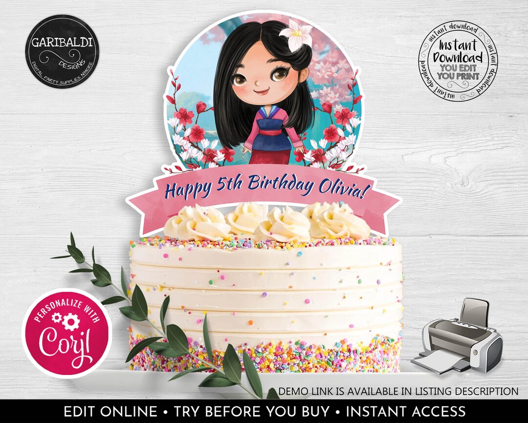 Mulan Cake Topper Editable Mulan Birthday Party Supplies Instant ...