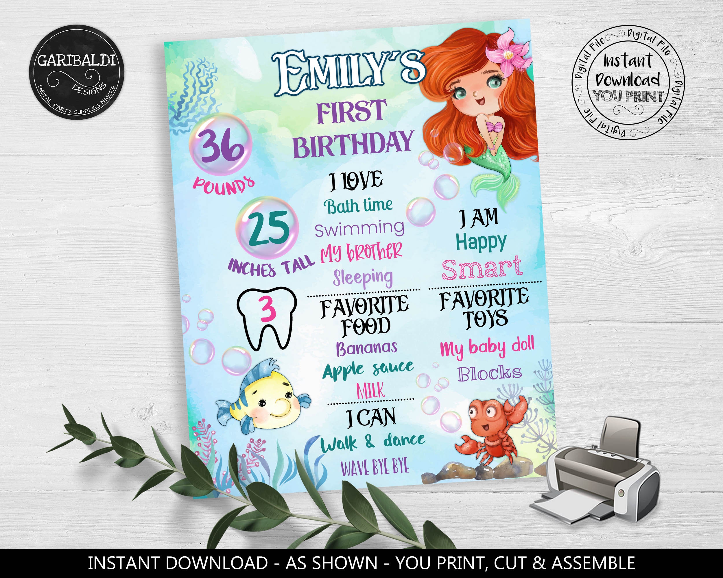 Editable Little Mermaid Milestone Board Printable Mermaid Birthday ...