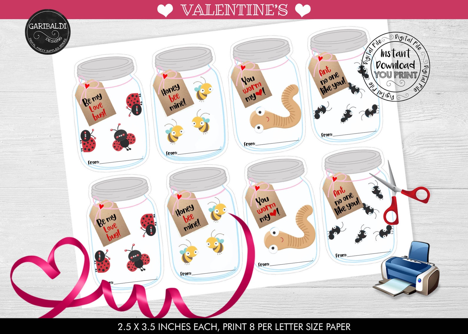 Printable Love Bug Valentine's Day Cards, Mason Jar Valentine's Day ...