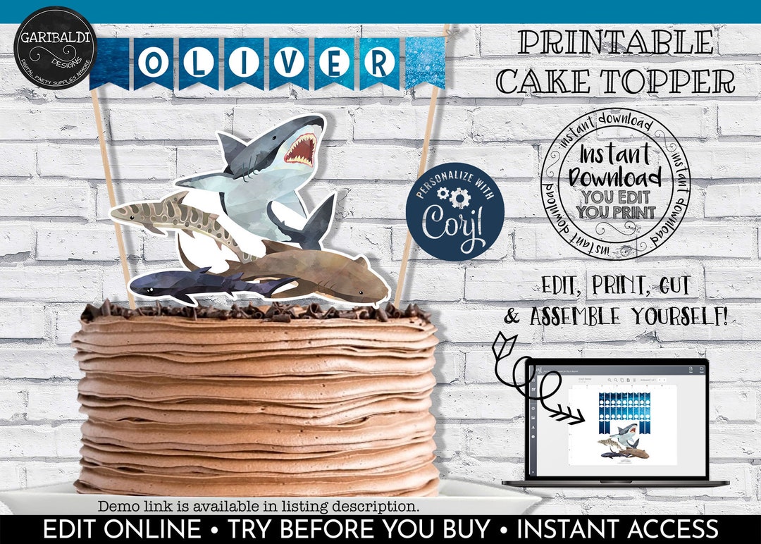 Editable Shark Cake Topper, Printable Shark Birthday Cake Topper, Shark ...
