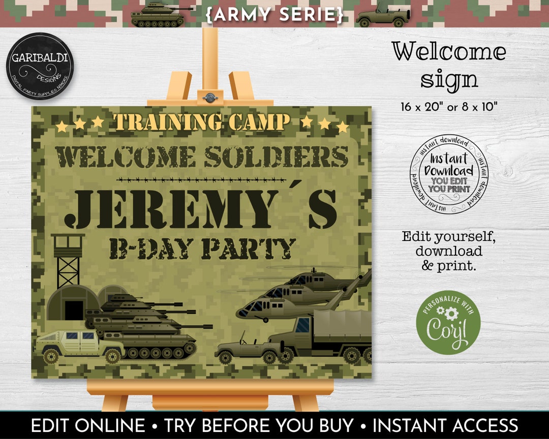 Editable Army Birthday Party Welcome Sign Soldier Party Poster Military ...