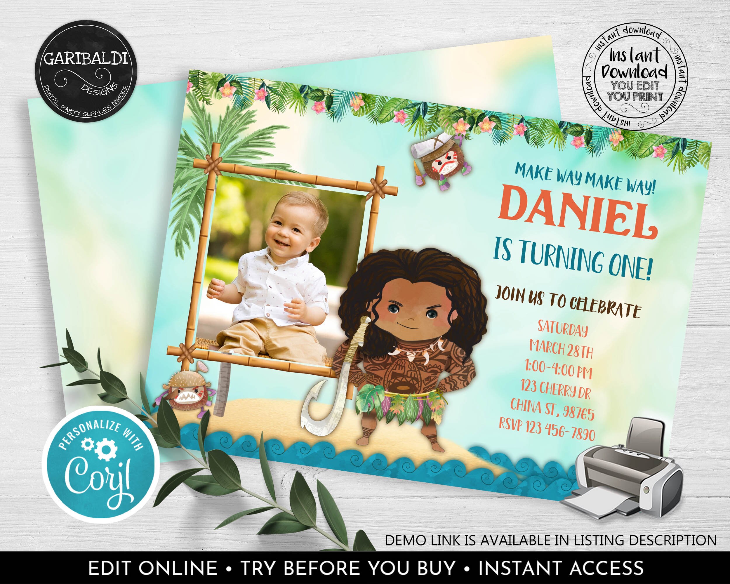 Editable Maui Invitation Printable Hawaiian Photo Invite Instant ...