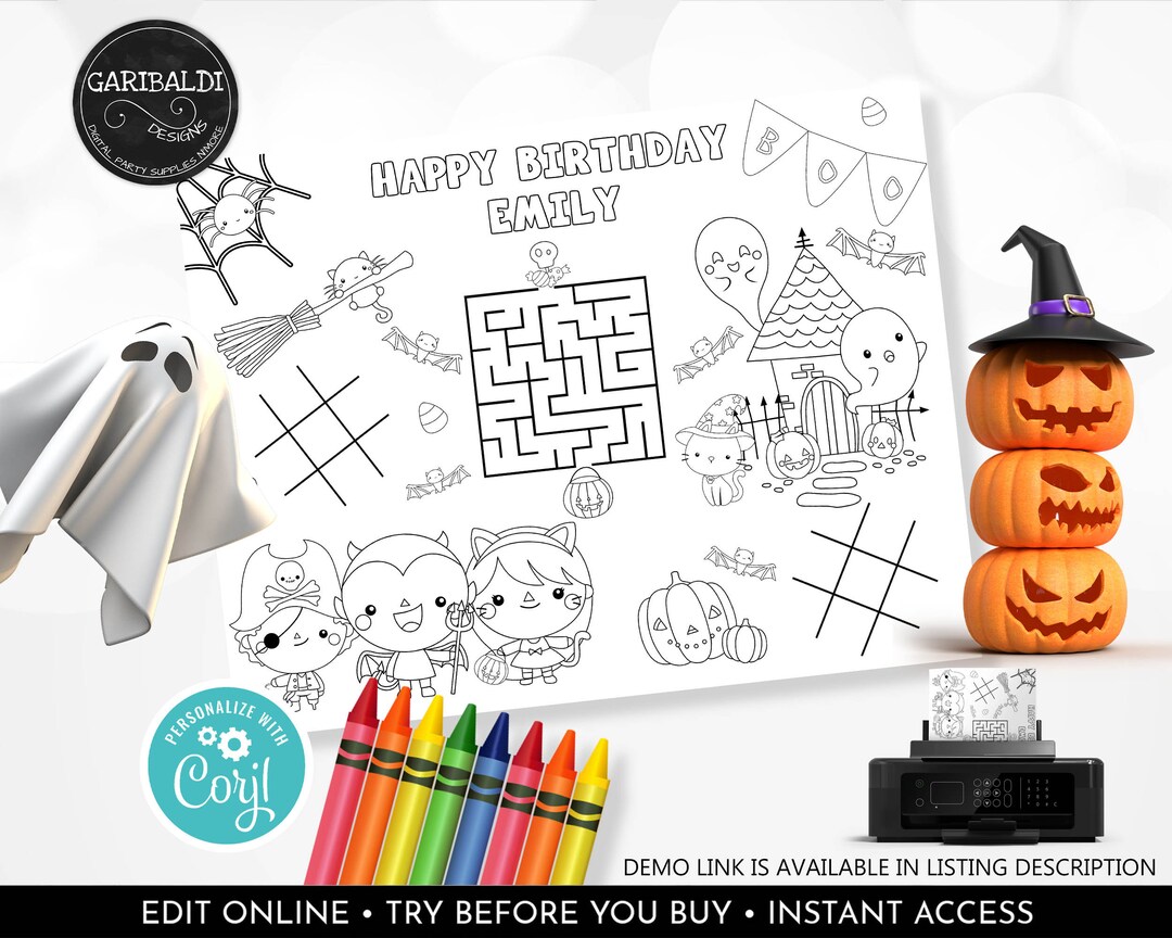 Editable Halloween Coloring Placemat Halloween Coloring Page Birthday ...