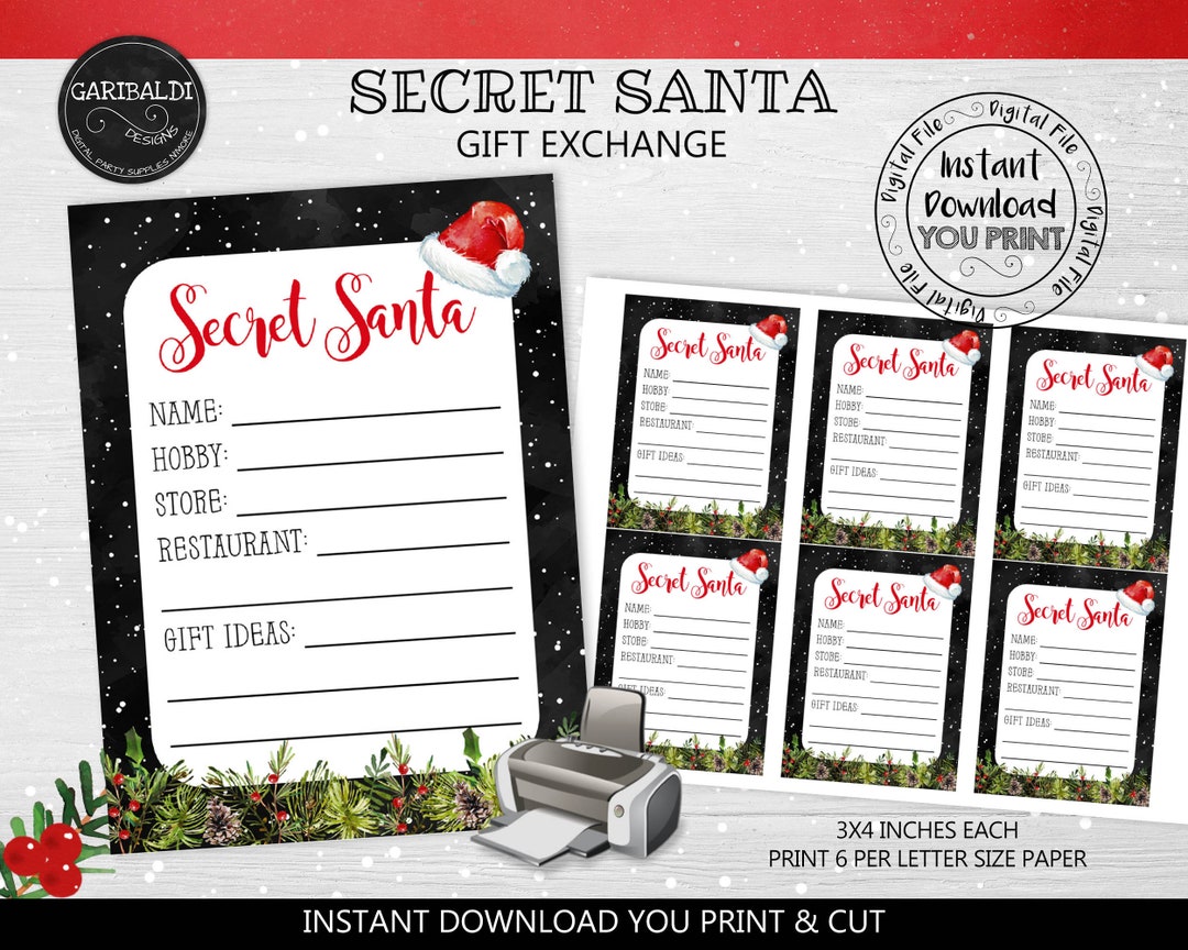 Secret Santa Questionnaire Card Secret Santa Printable Cards Secret ...
