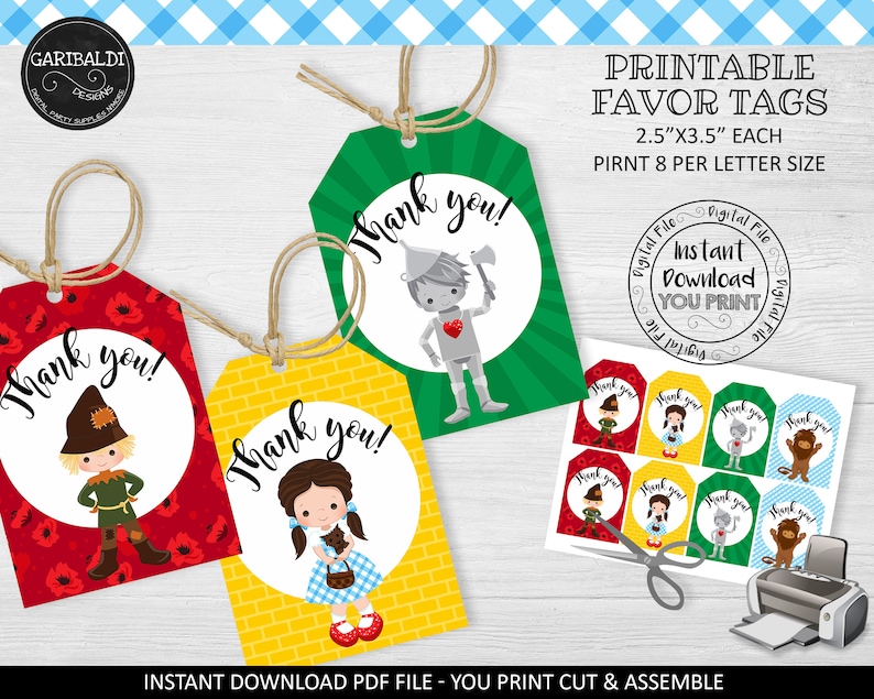 Wizard of Oz Favor Tags Printable Gift Tags Instant Download Party Tags ...