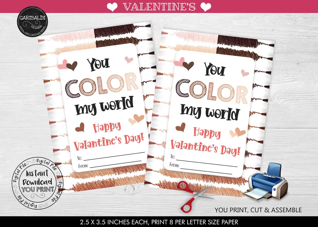 Printable Valentine You Color My World Card Valentine's Day Cards ...