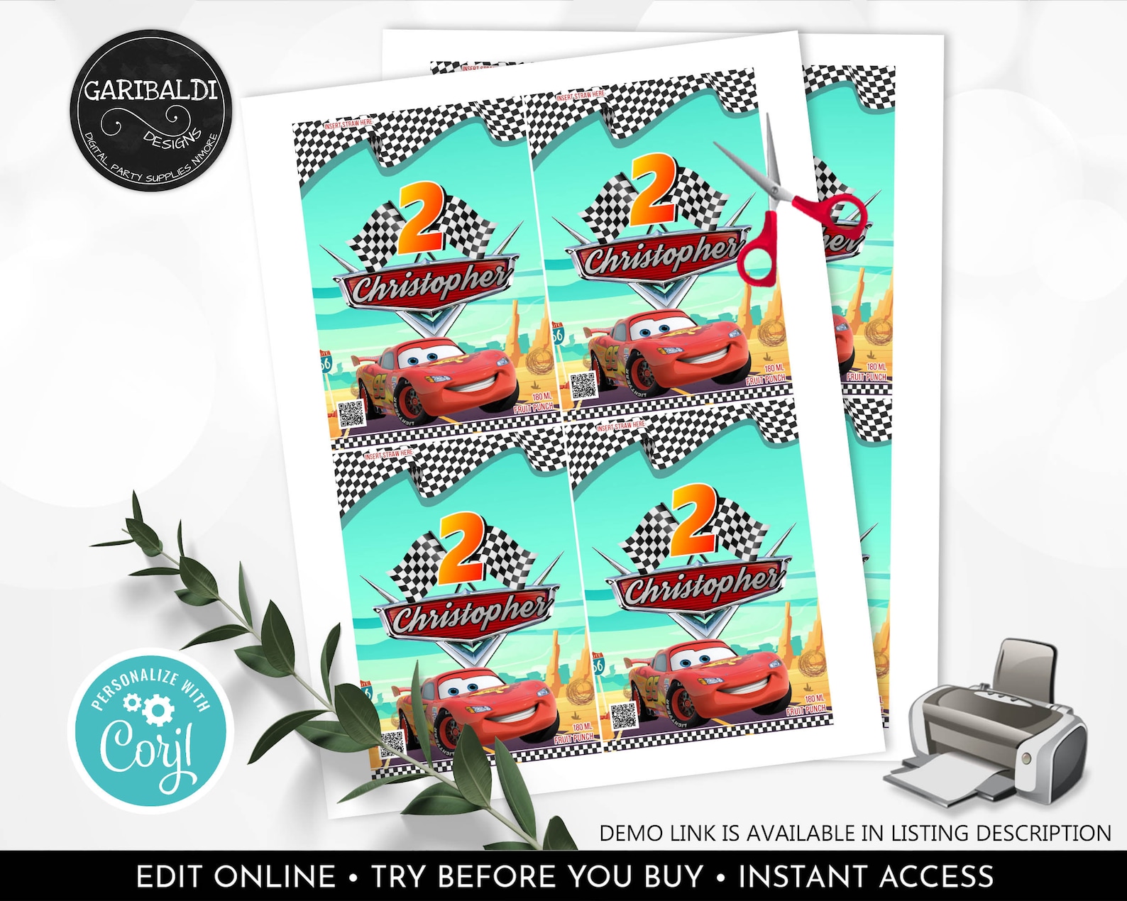 Editable Racing Cars Juice Pouch Labels Radiator Springs Favor Tags ...