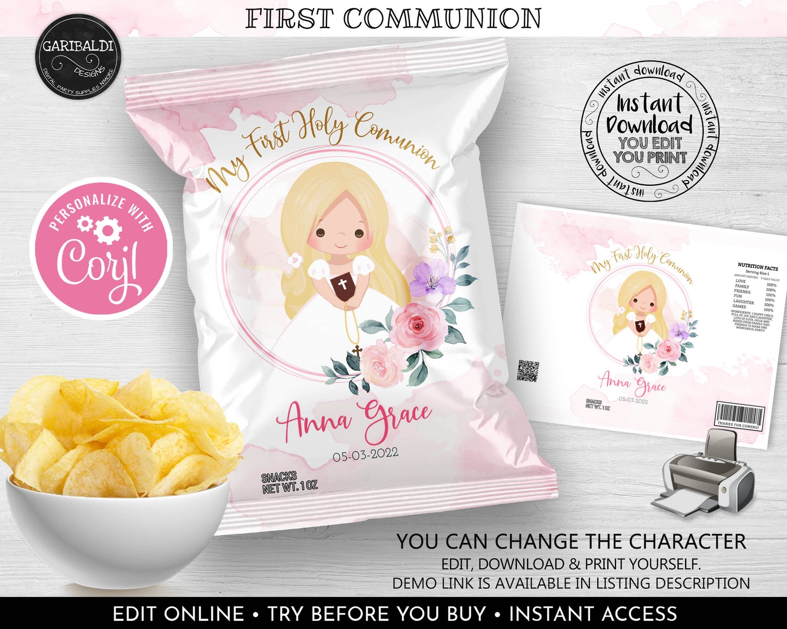 Editable First Communion Chip Bag Wrapper Printable First - Etsy
