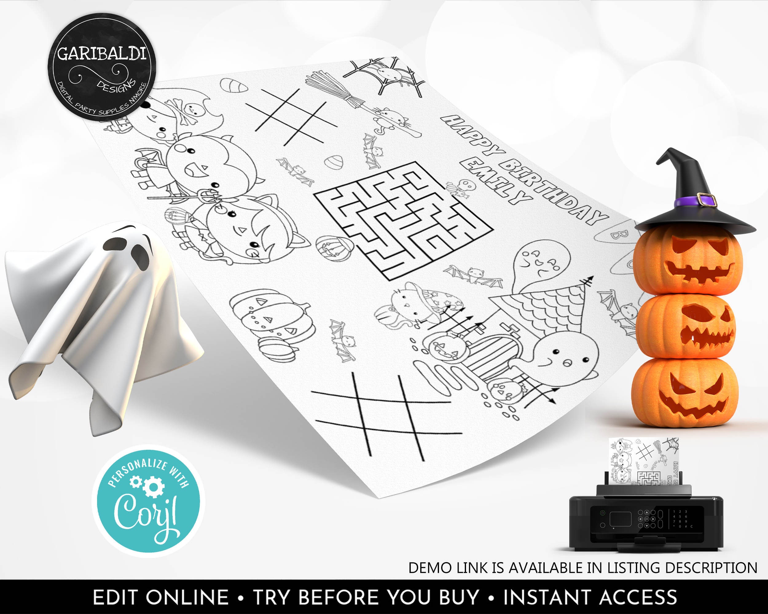 Editable Halloween Coloring Placemat Halloween Coloring Page Birthday ...