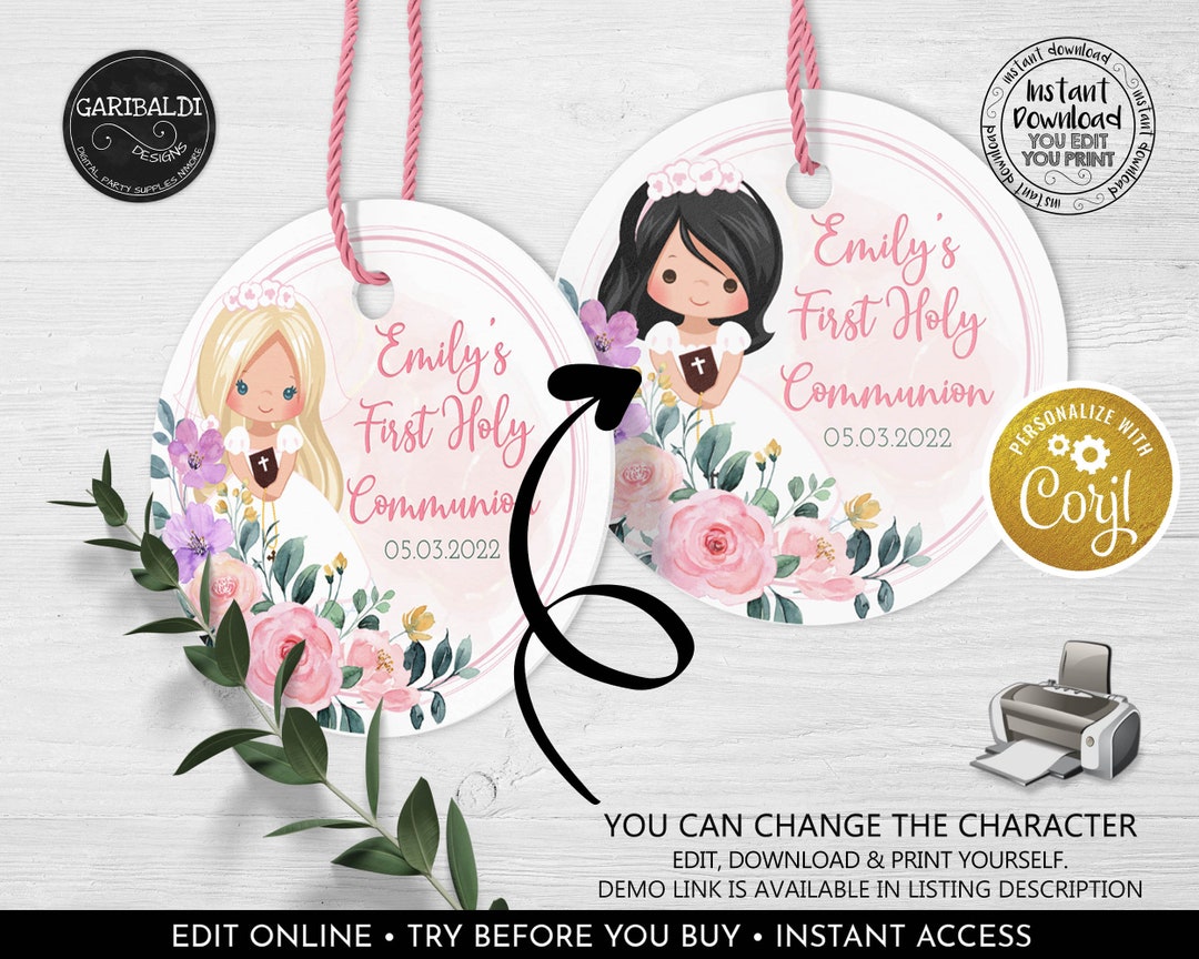 Editable First Communion Labels Printable Pink Flowers Girl First Holy ...
