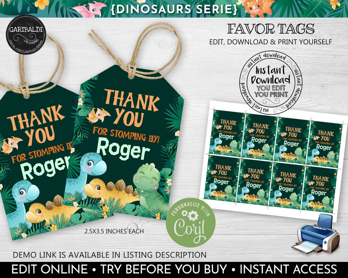 Editable Dinosaurs Favor Tags Dinosaurs Gift Tag Instant | Etsy