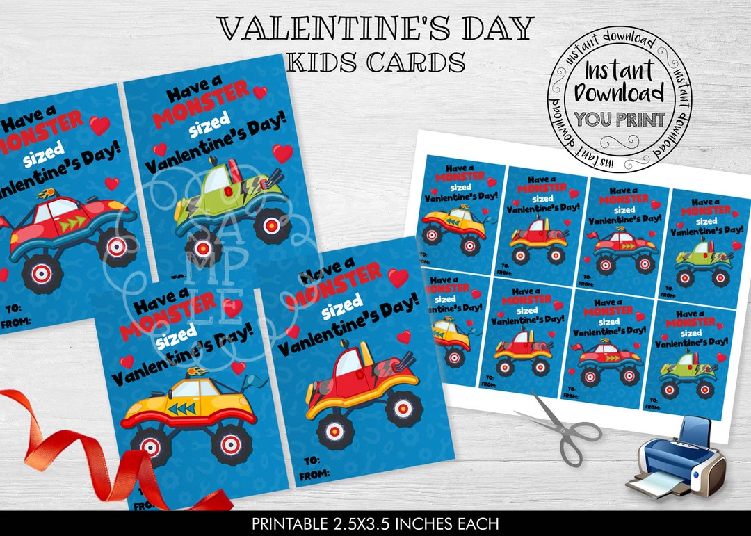 Printable Monster Truck Valentines Cards, Kids Valentine Cards, School ...