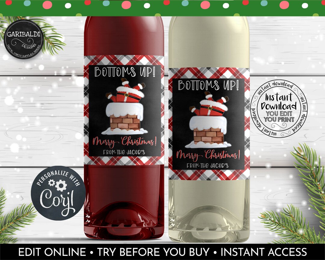 Editable Christmas Wine Labels Bottoms up Santa Wine Labels Printable ...