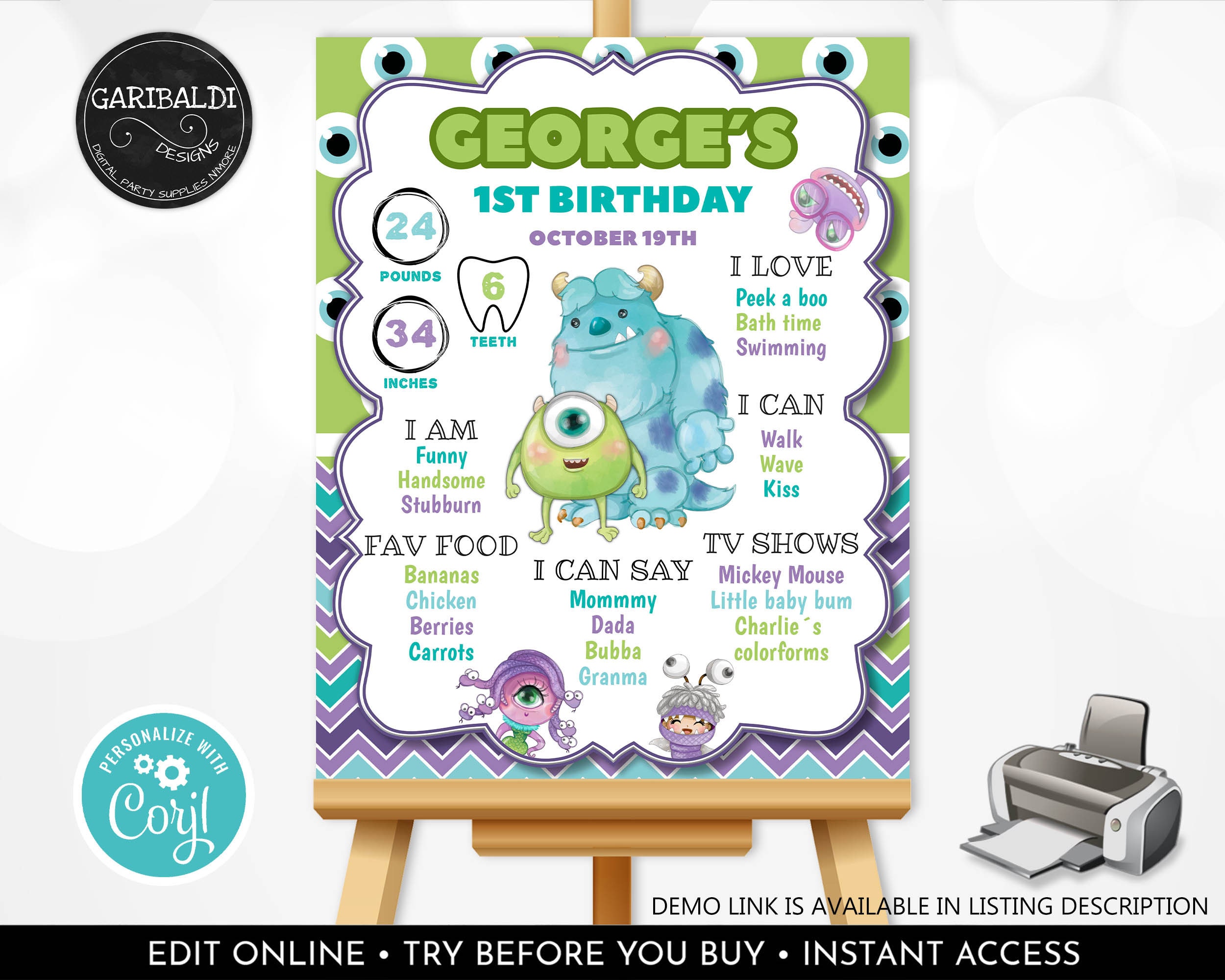 Editable Monsters Milestones Board Monsters First Birthday Sign Little ...