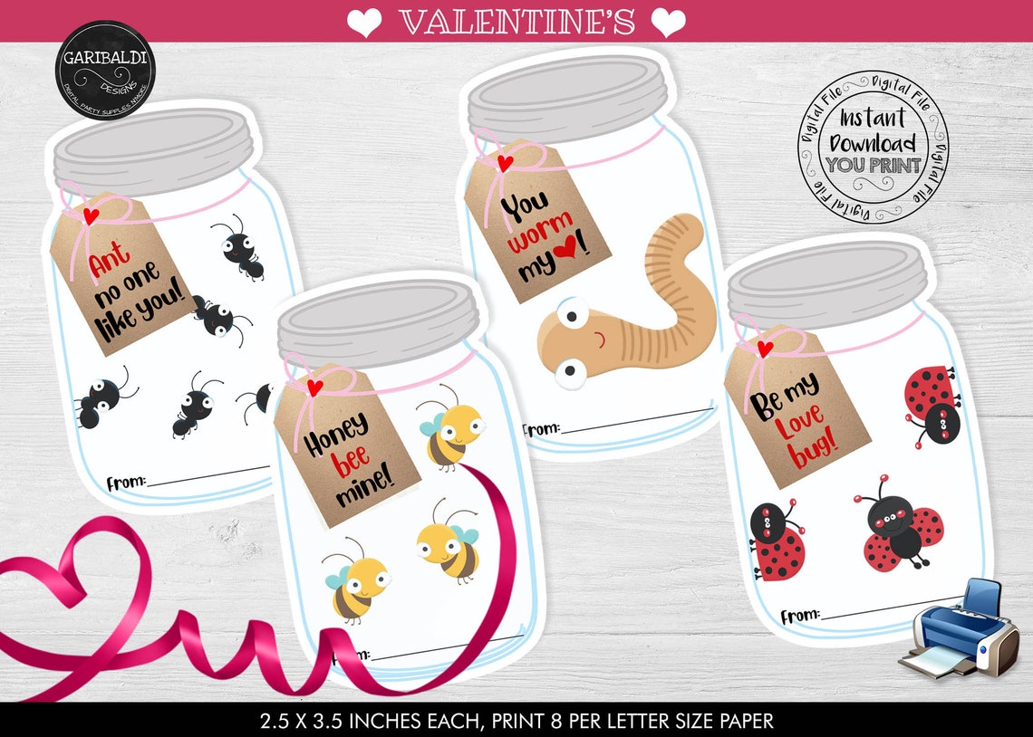 Printable Love Bug Valentine's Day Cards Mason Jar - Etsy