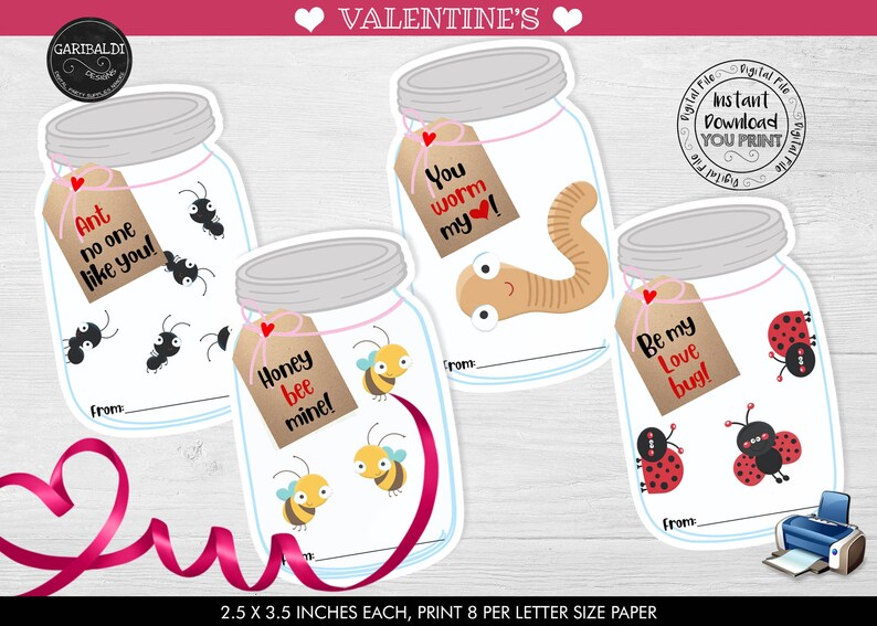 Printable Love Bug Valentine's Day Cards, Mason Jar Valentine's Day ...
