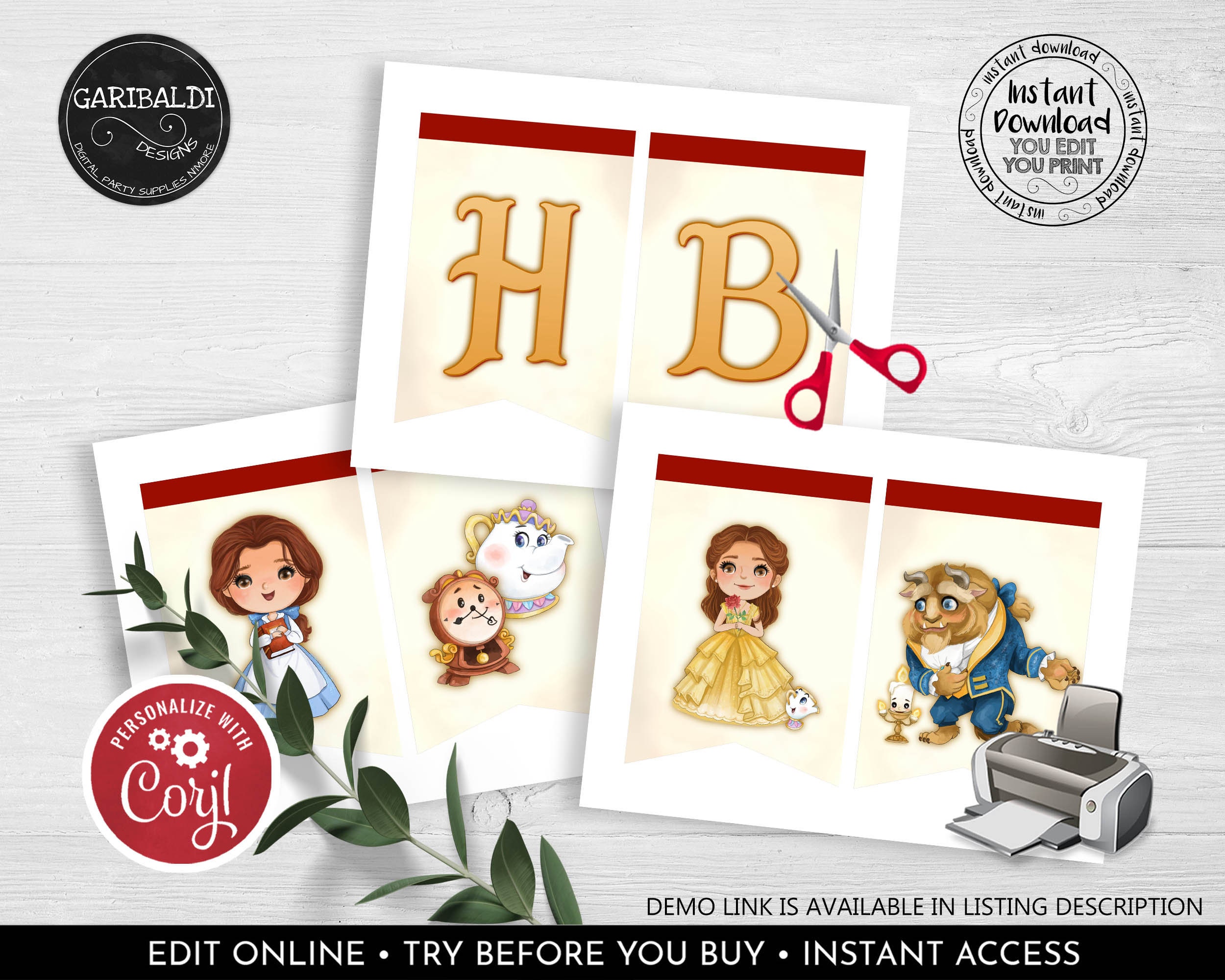 Editable Beauty and the Beast Pennant Banner Printable Princess Belle ...