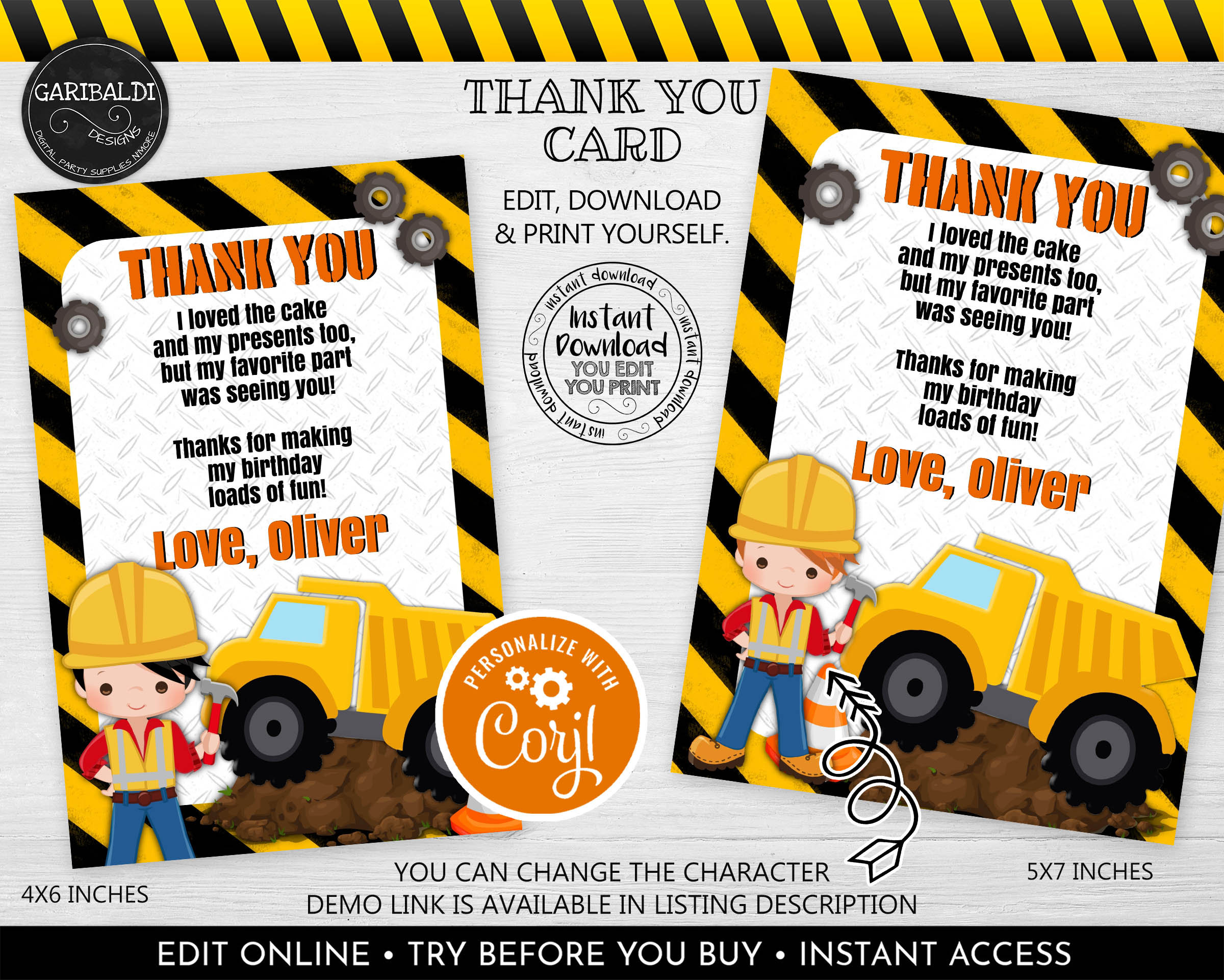 Editable Construction Birthday Thank You Card Instant - Etsy