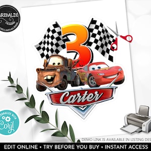 Editable Race Cars Third Birthday Cake Topper Cars 3rd Birthday ...