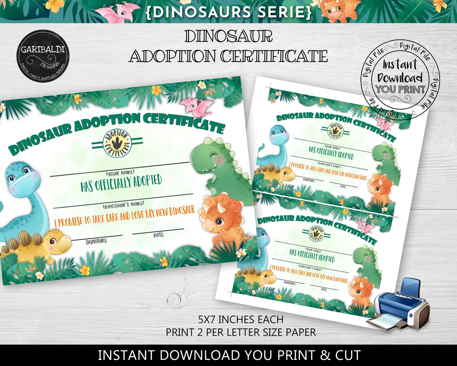 Adopt a Dinosaur Certificate Dinosaur Adoption Certificate Instant ...