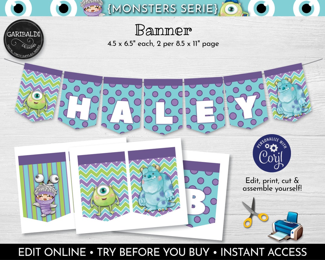 EDITABLE Monster Pennant Banner Monster Birthday Banner Monster Banner ...