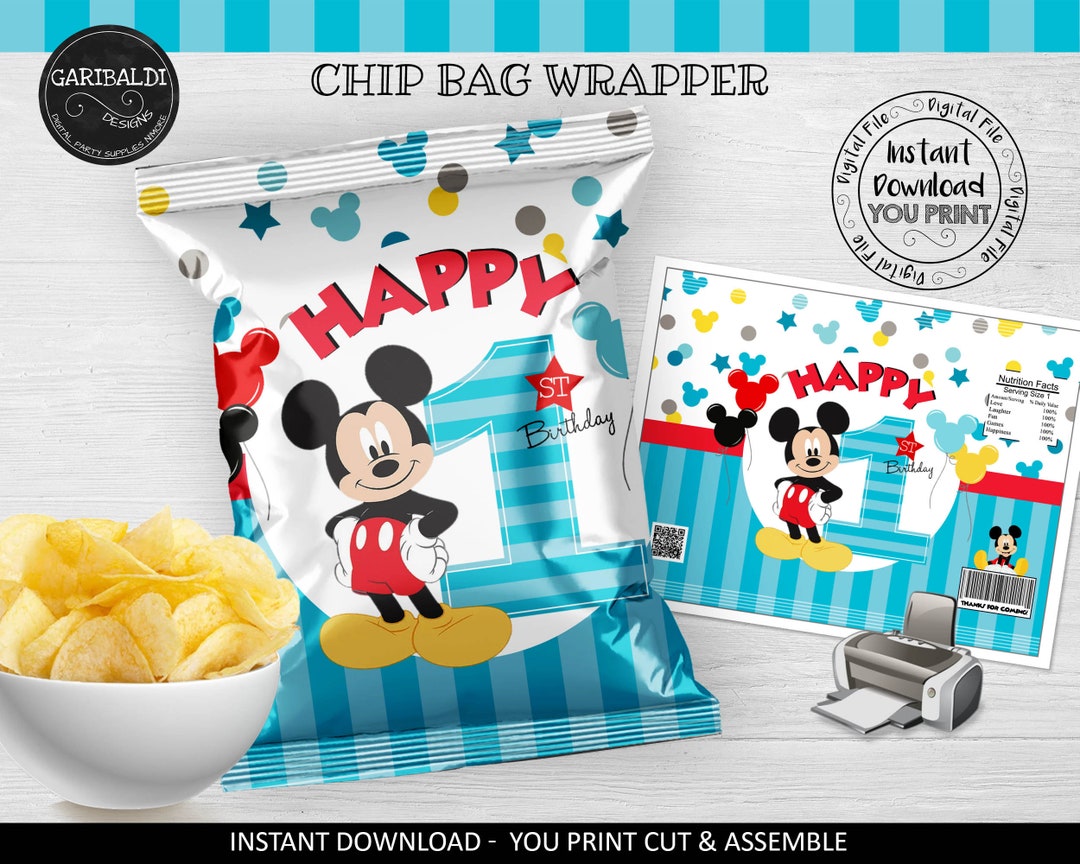 Printable Mickey Mini Chip Wrapper Mickey First Birthday Party Supplies ...