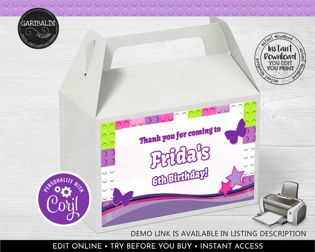 Editable Building Blocks Gable Box Label Girl Blocks Party Favor Label ...