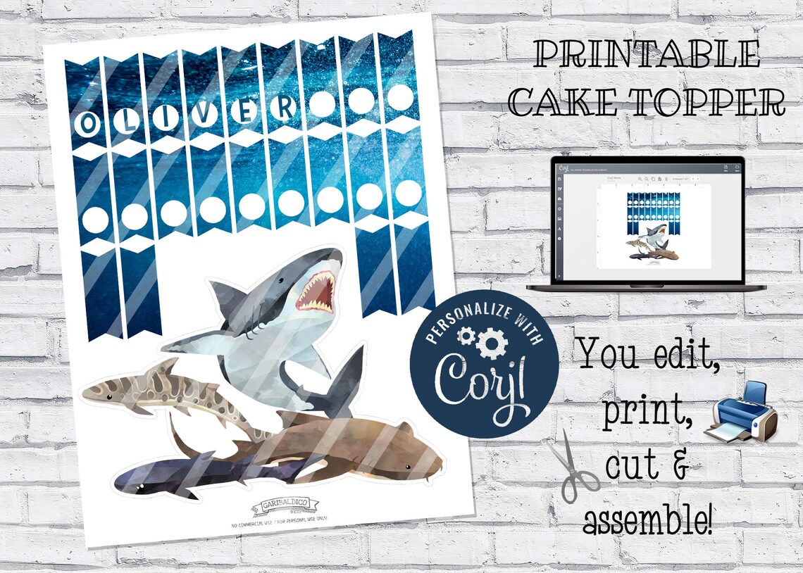 Editable Shark Cake Topper Printable Shark Birthday Cake | Etsy
