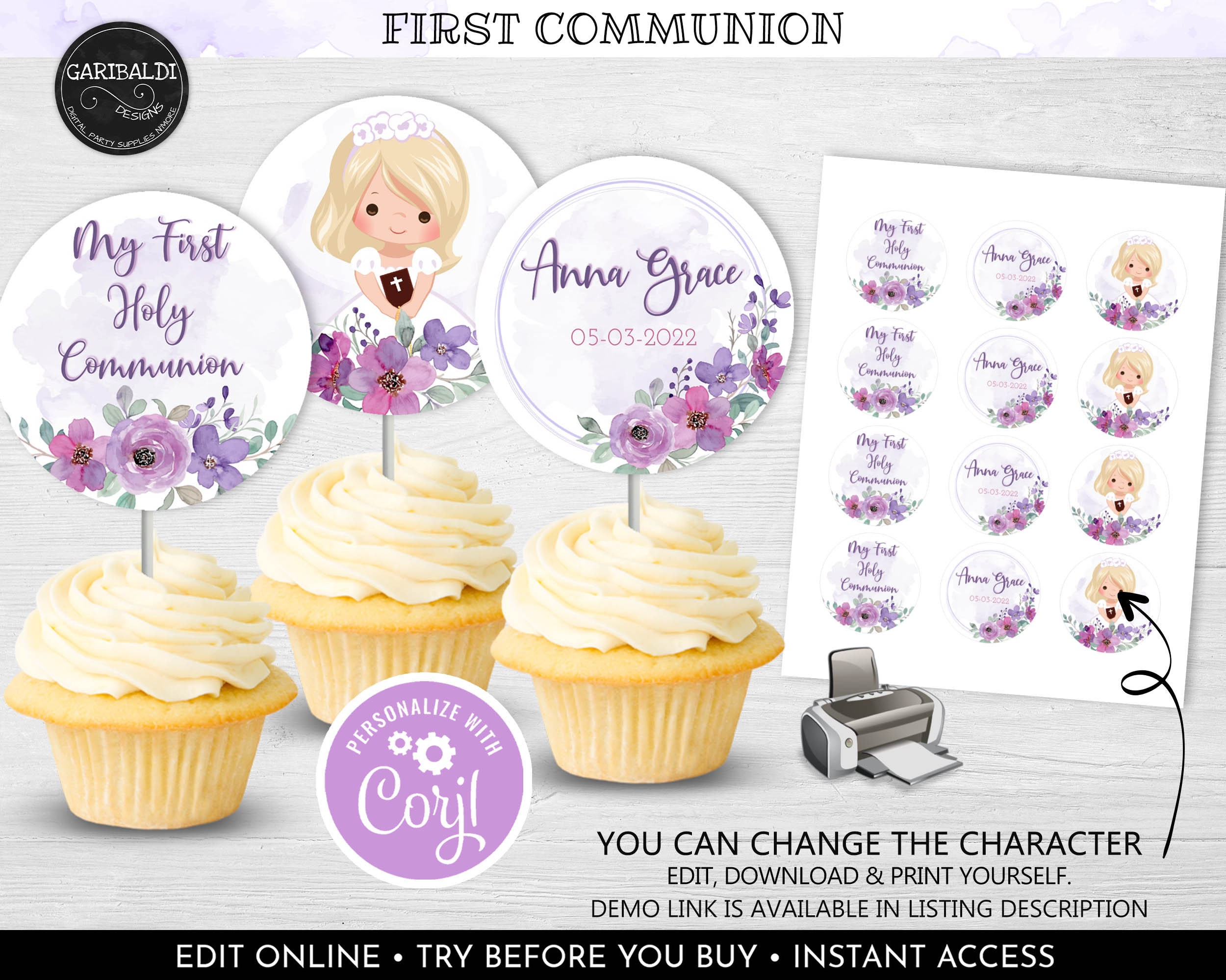 Editable First Communion Cupcake Toppers Printable Girl First - Etsy