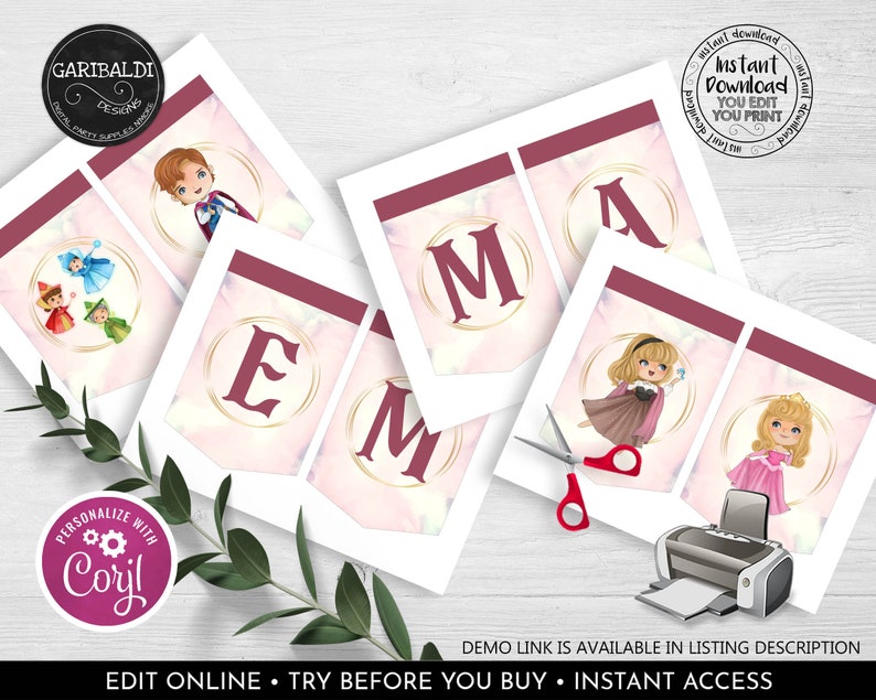 Editable Sleeping Beauty Pennant Banner Printable Pink Princess Banner ...